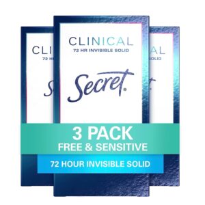 secret clinical strength antiperspirant deodorant for women, free & sensitive, 3x stress protection, 72hr sweat & odor protection, ph balancing minerals, invisible solid, unscented, 1.6 oz (pack of 3)