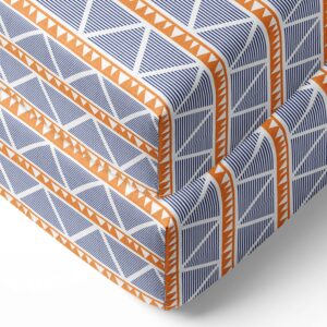 bacati - 2 pack tribal/aztec/triangles silky soft breathable 100% cotton muslin baby crib fitted sheets - fits standard 28 x 52 x 5 crib & toddler mattresses (orange/navy large triangles)