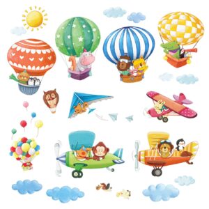 decowall dat-1406b1506b animal hot air balloons and biplanes kids wall stickers wall decals peel and stick removable wall stickers for kids nursery bedroom living room d?cor