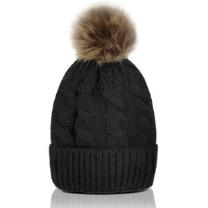 whiteleopard kid beanie hats lining pom pom for children -slouchy cable knit toddler skull hat baby ski cap for girls boys (black)