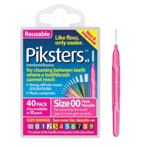 piksters interdental brushes, 40 pk, size 00, interdental tooth brush for extremely tight gaps, gum soft bristles for plaque removal, safe for braces