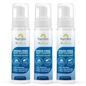 nurture rinse free waterless foaming cleanser | women, camping, elderly & hospital care | waterless shower & bath wash w/aloe for sensitive dry skin