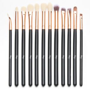 qivange synthetic hairs eyeshadow brush set 12pcs black rose gold makeup brush set for concealer eyebrow eyeliner eye shadow blending