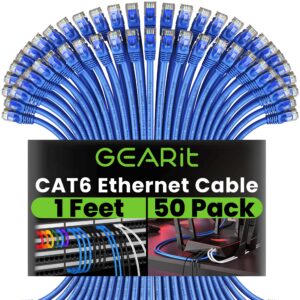 gearit cat 6 ethernet cable (50-pack 1 foot) cat6 network patch, 10gbps, rj45, snagless cord, gold-plated connectors, internet for pc, tv, tablet, router, printer, servers, it data center - blue