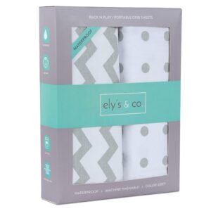 ely's & co. kid's waterproof pack n play portable mini crib sheet with mattress pad cover protection, white and grey chevron and polka dots (2 pack)