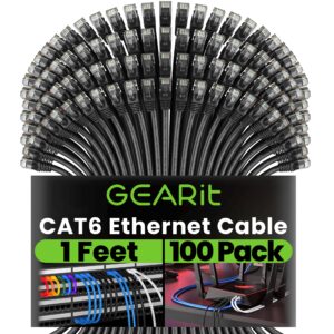 gearit cat 6 ethernet cable (100-pack 1 foot) cat6 network patch, 10gbps, rj45, snagless cord, gold-plated connectors, internet for pc, tv, tablet, router, printer, servers, it data center - black