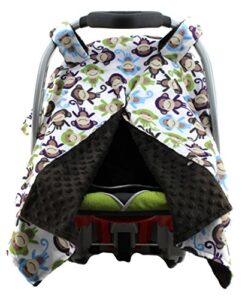 dear baby gear deluxe car seat canopy - double layer infant car seat cover - soft and breathable - multi colored mischievous monkeys print/brown dot - 30" x 40"