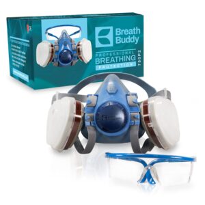 breath buddy respirator mask with filters & safety glasses | reusable professional breathing protection against dust, pollen & organic vapors | half mask respirator with pair of cartridges & filters