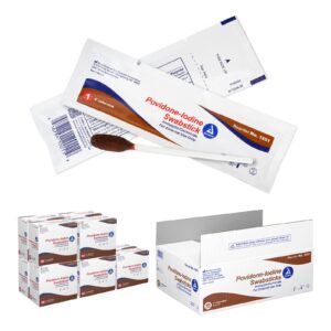 dynarex povidone iodine swabsticks, swabstick packaged in individual foil pack, antiseptic for skin preparation, brown, 1 case of 500 dynarex povidone iodine swabsticks, (10 boxes of 50)