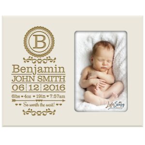 lifesong milestones personalized new baby birth announcement monogram picture frame for newborn boys and girls custom engraved photo frame for new mom and dad parents and grandparents (ivory)