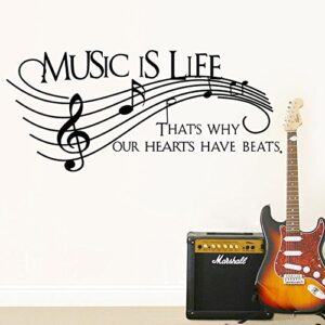 home find musical notes wall decals music is life that's why our hearts have beats stickers for kids bedroom music room dance room vinyl art decor house decorations (black 51.1 inches x 22 inches)