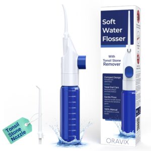 oravix dental water flosser, tonsil stone remover, gentle oral irrigator for sensitive teeth and gums, kids manual water flosser, no electricity or batteries