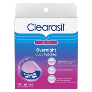 clearasil overnight spot patches, advanced healing hydrocolloid acne pimple treatment, blemish spot stickers for face, 18 count