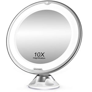 beautural 10x magnifying makeup mirror with led lights, lighted magnifying vanity makeup mirror for home tabletop bathroom shower travel, 360 degree rotation, powerful suction cup