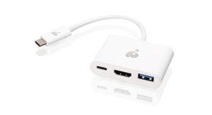 iogear usb-c to 1 to 3 adapter - 1 hdmi out - 1 usb a out - 1 usb-c - power delivery 100w - 4k@30hz - macbook pro - imac - chromebook - more usb 3.0 type-c devices - guc3c3h