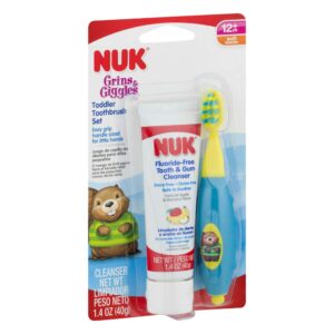 nuk grins & giggles toddler toothbrush & cleanser set, boy