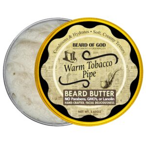 warm tobacco pipe, 2.65 oz. whipped beard butter - crafted in usa by beard of god - stimulates hair growth, deep conditioning, non-greasy, softens & tames stragglers, low sheen, thickens faciall hair