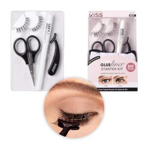 kiss glueliner false eyelashes, 'glue liner', 10 mm, includes 1 pair of lash, 1 glue liner, 1 scissors, 1 applicator, travel pouch, contact lens friendly, easy to apply, reusable strip lashes