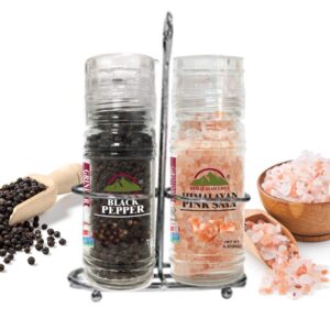 himalayan chef pink salt and black pepper grinder set – refillable glass grinder, 5.3 ounce, non-gmo, vegan & kosher certified, perfect for cooking and seasoning