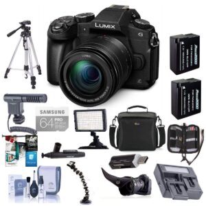 panasonic lumix dmc-g85 mirrorless camera with 12-60mm f/3.5-5.6 lumix g ois lens black - bundle with camera bag, 64gb sdxc card, 2x spare battery, tripod, shotgun mic, video light, dual charger, more