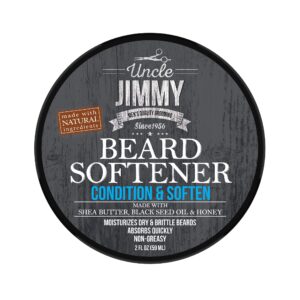 uncle jimmy beard softener, conditioning balm for men | hydrates, smooths, adds shine & tames flyaway hair | made with shea butter, honey 2 fl oz