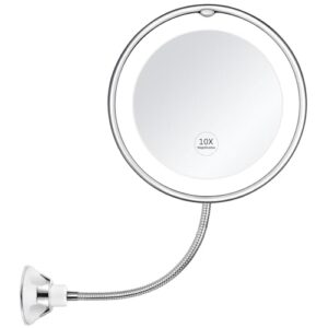 kedsum flexible gooseneck 6.8" 10x magnifying led lighted makeup mirror, bathroom magnification vanity mirror with suction cup, 360 degree swivel, daylight, battery operated, cordless & travel mirror