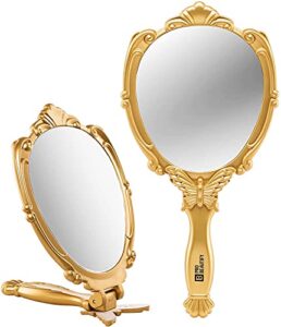 probeautify decorative hand held mirror | beautifully butterfly design hand mirrors with handle | lightweight mirror | 180 degrees full folding portable mirror | travel makeup mirror (gold)