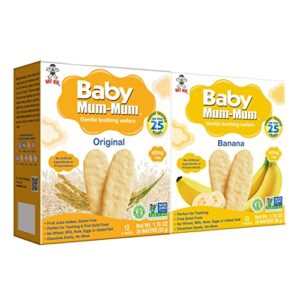 hot-kid baby mum-mum rice rusks, 2 flavor variety pack, 24 pieces (pack of 4) 2 each: banana, original gluten free, allergen free, non-gmo, rice teether cookie for teething infants