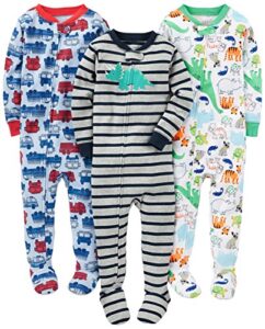 simple joys by carter's baby boys' snug-fit footed cotton pajamas, pack of 3, dinosaur/firetruck/animal, 12 months