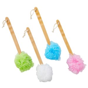 juvale 4 pack back scrubber for shower with long handle, loofah on a stick for exfoliating, 4 assorted colors, 16 in