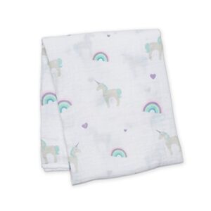 lulujo baby 100% cotton muslin swaddle blanket, 47 x 47-inches, rainbows and unicorns