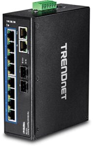 trendnet 10-port hardened industrial gigabit din-rail switch, 20gbps switching capacity, din-rail and wall mounts included, dual redundant, two rj-45/sfp ports, lifetime protection, black, ti-g102