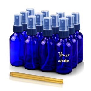 culinaire 2oz glass spray bottles for essential oils with gold pen marker, small fine mist spray bottle, refillable, for hair spray, essential oils, colognes, and hand sanitizers, blue, pack of 12