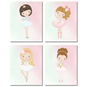 cute ballerina dancer girl prints - bedroom playroom wall art decor prints - set of 4 (8 inches x 10 inches) photos