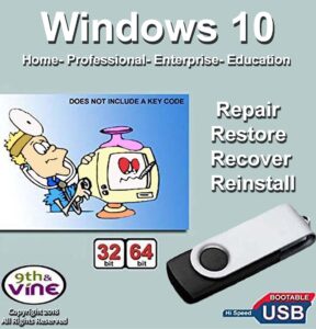 9th & vine compatible windows 10 home, professional, education & enterprise 32-64 bit restore, install, recover and restore usb drive for legacy bios