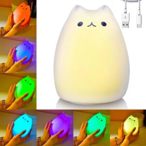 litake kitty night light, usb rechargeable silicone cute cat night light for kids baby children, 7-color changing led cat lamp nursery nightlights for kids bedroom (celebrity cat)