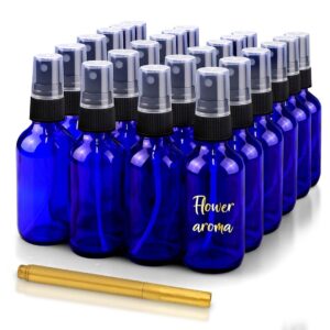 culinaire 2oz glass spray bottles for essential oils with gold pen marker, small fine mist spray bottle, refillable, for hair spray, essential oils, colognes, and hand sanitizers, blue, pack of 24