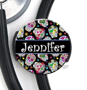 stethoscope tag - sugar skulls - personalized name - steth id tag