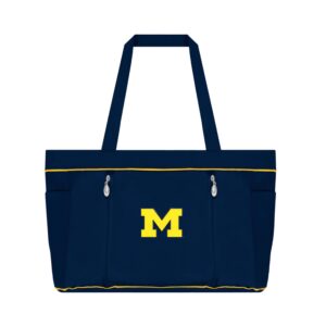 creative knitwear diaper tote bag, large multi-purpose bag with changing pad, michigan wolverines logo, navy/gold