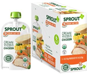 sprout organic baby food pouches stage 3, creamy vegetables w/ chicken, 4 pouches (pack of 6) creamy vegetables with chicken 24 ounce