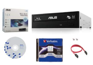 asus 16x -bw-16d1ht internal blu-ray burner bundle with 100gb verbatim m-disc bdxl, bd suite disc and cable accessories