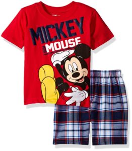 disney toddler boys' mickey mouse plaid short set with t-shirt, red, 3t