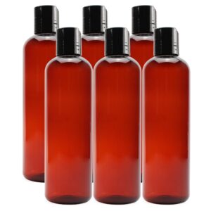 cornucopia brands 8oz plastic bottles w/disc top flip cap (6-pack); bpa-free containers for shampoo, lotions, liquid body soap, creams (8 ounce, amber brown)