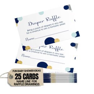 navy and gold diaper raffle tickets, boys baby shower games for prizes, baby shower diaper raffle invitation insert cards, 25 pack