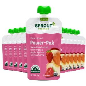 sprout organic baby food, stage 4 toddler pouches, apple apricot & strawberry power pak, 4 oz, pack of 12