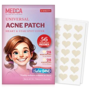 medca acne patches for face - hydrocolloid bandages (56 count) pimple patches for face in hearts & stars, acne spot treatment care for face & skin spot patch conceals zits, acne and blackheads