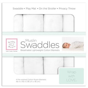 swaddledesigns cotton muslin swaddle blankets, set of 4, receiving blankets for baby boys & girls, best shower gift, 46x46 inches, pure white