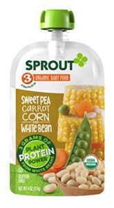 sprout organic baby food, stage 3 pouches, sweet pea & white bean plant powered protein, 4 oz purees (pack of 6)