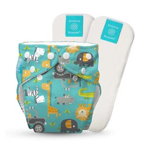 charlie banana baby fleece reusable and washable cloth diaper system, 1 diaper and 2 inserts, gone safari, one size