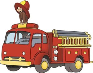 7 inch curious george firetruck fireman monkey animal removable peel self stick adhesive vinyl decorative wall decal sticker art kids room home decor girl boy children bedroom nursery 7 1/2 x 6 inches